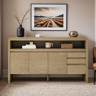 60" 3-Door Sideboard with 3 Drawers - Modern Solid Ash Veneer MDF Sideboard, Semi-Open Shelf ...